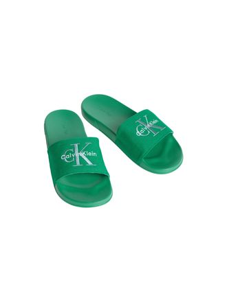 Calvin Klein Jeans Pantolette CALVIN KLEIN JEANS ESS SLIDE CV, Herren, Gr. 45, gr&uuml;n, Textil, bestickt, unifarben, Schuhe Pantolette, Badeschuh, Flat, Poolslides mit Logo