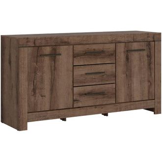 PEGANE Commode Buffet &agrave; 2 portes et 3 tiroirs, coloris Ch&ecirc;ne marron fonc&eacute; - Longueur 160 x Profondeur 45 x Hauteur 85 cm
