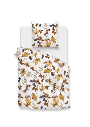 Zo!Home Flanell Bettw&auml;sche 155x220 cm Castagno White Igel Fr&uuml;chte Bl&auml;tter Herbst