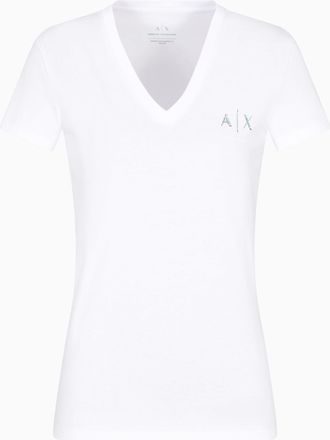A|X Armani Exchange Womens Arte Sella, Shiny Logo, V Neck,Slim Fit,White,XL