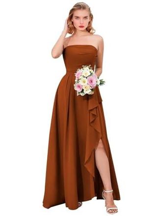 Generic Robe de demoiselle dhonneur longue sans bretelles avec fente sur les épaules dénudées et volants en mousseline de soie - Robe dinvité de mariage forme