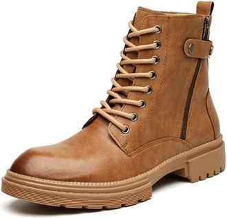 Generic Bottes de combat en cuir à lacets pour homme - Fermeture éclair latérale antidérapante - Semelle à crampons - Bottes de moto décontractées et conforta