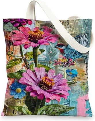 Generic Sacs fourre-tout en toile florale, motif floral vif, respectueux de lenvironnement, réutilisables, artistiques, colorés, légers et lavables, coloré, 1