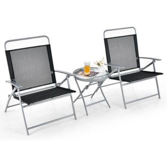 Costway Salon de Jardin 3 Pi&egrave;ces pour Patio Cadre M&eacute;tallique avec Table Basse en Verre Tremp&eacute;, Ensemble de Chaises et Table Pliantes Portables pour