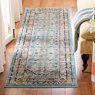 Safavieh Boho Teppich für Wohnzimmer, Esszimmer, Schlafzimmer - Monaco Collection, Kurzer Flor, Blau und Hellgrau, 80 x 180 cm