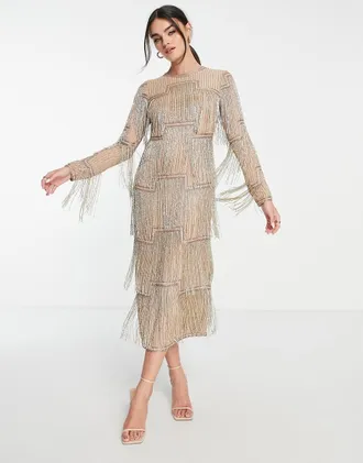 Asos Lang&auml;rmliges Midikleid in Beige mit durchg&auml;ngiger Verzierung-Rosa