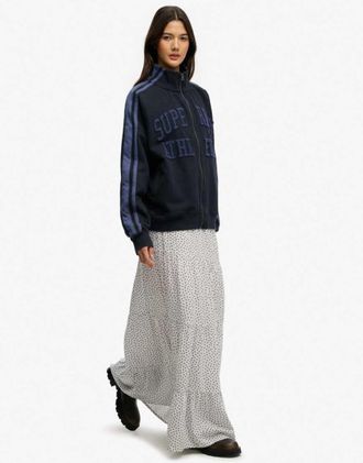 Superdry Jupe longue tiss&eacute;e &agrave; volants et imprim&eacute; coeurs et p&acirc;querettes - Blanc cass&eacute;