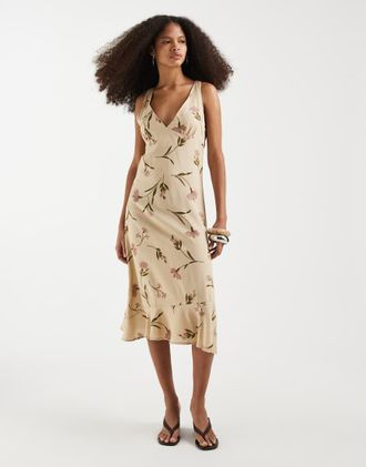 Motel Lisandy - Midaxi-Kleid in Taupe mit Neckholder-Tr&auml;ger und Bl&uuml;tenmuster-Gr&uuml;n