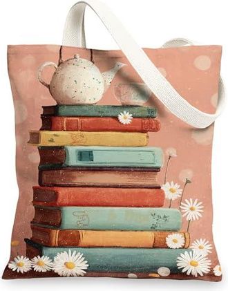 Generic Sacs fourre-tout en toile à motif floral vintage réutilisables, légers et lavables pour courses, voyage, plage, 33 x 38 cm