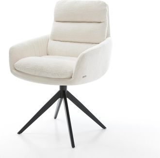 DELIFE Drehstuhl Abelia-Flex mit Armlehnen Bouclé Soft Beige Kreuzgestell breit Schwarz 360° drehbar Wippfunktion, Esszimmerstühle