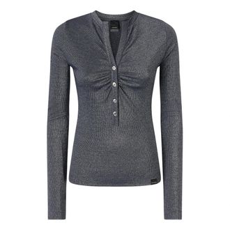 Pinko Metallischer Gerippter Langarm-Henley-Pullover - - Knitwear - Damen - Blau - S