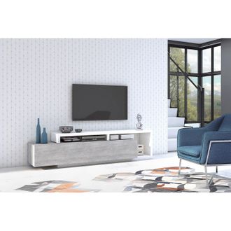 Loftscape home24 TV-Lowboard Spanplatte, foliert Weiß/Weiß/Beton Dekor 219 x 52 x 45cm