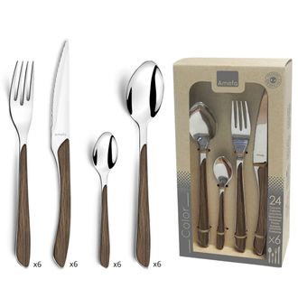 Amefa ECLAT Besteck Set NATURE dunkles Holz Essbesteck 24-teilig f&uuml;r 6 Personen Edelstahl rostfrei Kunststoff-Griffschalen in Holzoptik sp&uuml;lmaschinenfest Be