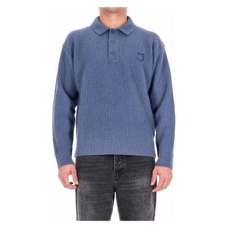 Maison Kitsun&eacute; Fox Head Wool Ribbed Polo Jumper - - Knitwear - Herren - Blau - S