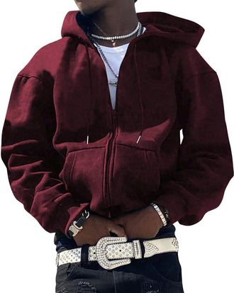 ORANDESIGNE Zip Hoodie Herren Kapuzenpullover Einfarbig Sweatjacke mit Kapuze Langarm Kapuzenjacke mit Taschen A Weinrot XXL