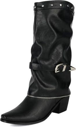 Generic Bottes de moto western cowgirl pour femme - Avec boucle et fermeture éclair - Talon épais clouté - Bout carré, Noir, 37.5 EU
