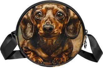 Generic Petit sac &agrave; bandouli&egrave;re circulaire pour femme, motif teckel avec fermeture &eacute;clair, bretelles r&eacute;glables, sac &agrave; main rond d&eacute;contract&eacute; pour femmes et fil