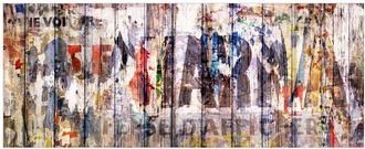 Wallario Glasbild Bemalte Holzplanken mit Alter Schrift - 50 x 125 cm Wandbilder Glas in Premium-Qualit&auml;t: Brillante Farben, freischwebende Optik