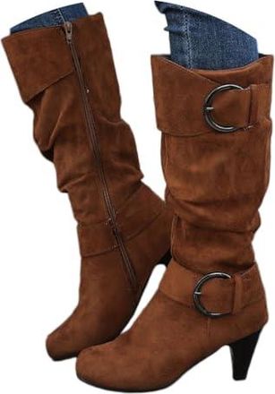 Onsoyours Botte Hautes Femme Botte Cuissarde Daim avec Bloc Talon Slip-on Causal Automne Hiver Longue Boots Confortable Botte Equitation A Marron 39 EU