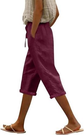 Generic Pantalon en coton et lin pour femme - Jambe large - Pantalon de plage d&eacute;t&eacute; pour femme - Confortable - Pantalon de yoga Palazzo XIYU26012, bordeaux, XX