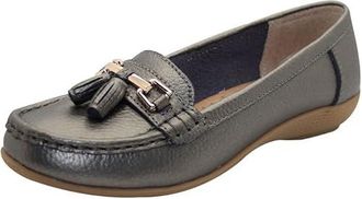 Jo & Joe Chaussures bateau en cuir &agrave; talons plats avec glands pour femme - Mocassins nautiques &agrave; lacets, Gris m&eacute;tallique, 38 EU