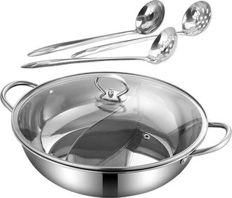 Cabilock Edelstahl Hot Pot Wok Topf mit Sieb Löffel Chinesischer Feuertopf Hot Pot Topf Edelstahl Yin Yang Hotpot Edelstahl Topf für Induktionsherd Silber