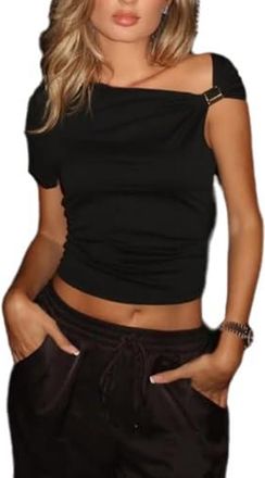 Generic T-shirt &agrave; manches courtes pour femme avec noeud en m&eacute;tal et &eacute;paules d&eacute;nud&eacute;es, pliss&eacute;, coupe ajust&eacute;e, double ligne Y2K, Noir, L