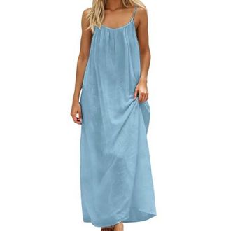 Generic Robe cami dos nu pour femme - Robe d&eacute;t&eacute; respirante - Robe de plage ample - Robe longue fluide - Robe de vacances sans bretelles - Couleur unie, Bleu c