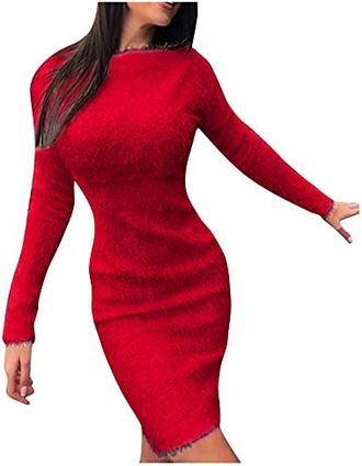 Generic Robe dhiver &agrave; manches longues pour femme - Robe portefeuille en velours midi en soie de ma&iuml;s haute &eacute;lasticit&eacute; fusel&eacute;e &agrave; la taille - Robe pull &agrave; col ba