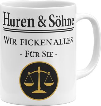OM3 Anwalt Kaffee-Tasse mit Spruch - Huren & S&ouml;hne - Lustige Jura Spruch f&uuml;r Studenten & Juristen - Keramik Becher - 325ml - Beidseitig Bedruckt - Weiss