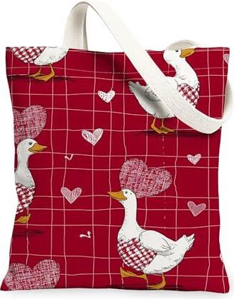 Generic Sacs fourre-tout en toile avec motif coeur, adorable motif canard, sacs d&eacute;picerie, sacs d&eacute;picerie l&eacute;gers et lavables, Saint-Valentin, vintage rustique