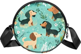 Generic Petit sac &agrave; bandouli&egrave;re rond pour femme, motif chien saucisse, prairie, petit sac &agrave; bandouli&egrave;re avec fermeture &eacute;clair, bretelles r&eacute;glables, sac &agrave; main