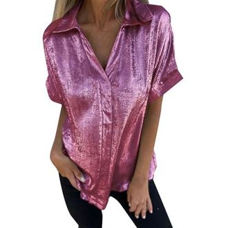 Generic Haut &agrave; paillettes pour femme - Chemise d&eacute;contract&eacute;e boutonn&eacute;e - Confortable et doux - Manches courtes - Col en V - Chemise d&eacute;t&eacute; l&eacute;g&egrave;re &agrave; revers, Rouge