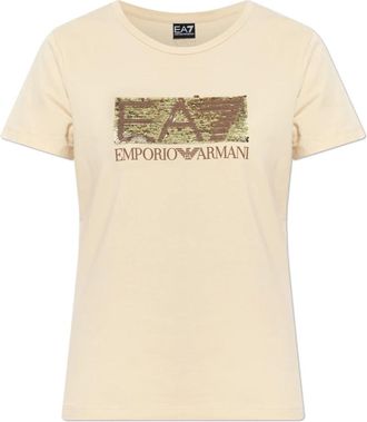 Emporio Armani Emporio Armani Ea7, Femme, Tops, Beige, Taille: 42 FR T-shirt en jersey de coton Logo Series