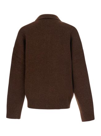 Ami Wool with Embroidered Logo Polo Sweater - Brown