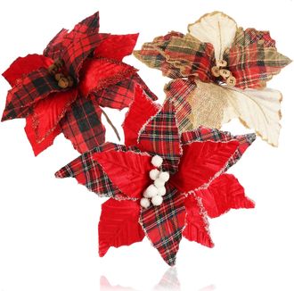 Com-Four 3X Weihnachtsstern Deko-Gesteck, Kunstblumen als tolle Weihnachtsdekoration, schöner Raumschmuck, auch für Kränze und Blumenarrangements (rot kariert)