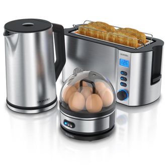 Arendo Fr&uuml;hst&uuml;cksset, Wasserkocher 1,5l, 4-Scheiben Langschlitztoaster, 7er Eierkocher sevencook, Silber - Arendo