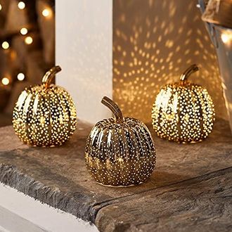 Lights4fun Lot de 3 Citrouilles Lumineuses D&eacute;co Halloween Mouchet&eacute;es Cuivre en Verre &agrave; LED Blanc Chaud &agrave; Piles pour Int&eacute;rieur