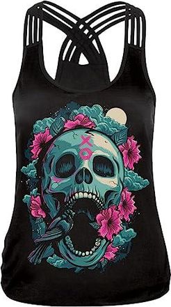 Ocean Plus Femmes Été Casual sans Manches Débardeur O-Neck Stretch Sport Top Mignon Racerback Yoga Workout Été Chemises(L (EU 36-38), Squelette)