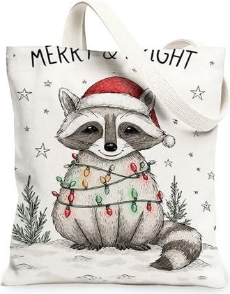 Generic Sacs fourre-tout en toile de raton laveur de No&euml;l, sacs d&eacute;picerie r&eacute;utilisables, l&eacute;gers et lavables avec bandouli&egrave;re C, blanc, 13x15 Inch