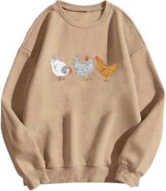 Generic Sweat-shirt &agrave; motif de poulet imprim&eacute; pour femme - Sweat-shirt &agrave; col rond pour femme, kaki, XL