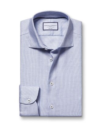CHARLES TYRWHITT B&uuml;gelfreies strukturiertes Stretch-Hemd mit Quadraten - Kobaltblau Knopfmanschette