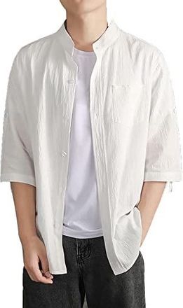 Generic Chemise de plage en lin &agrave; manches courtes pour homme - Chemise boutonn&eacute;e blanche pour homme - Chemises en coton pour la gym - T-shirts de plage - T-sh