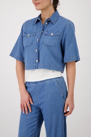 Monari Kurzjacke MONARI, Damen, Gr. 46, blau (jeans), Denim/Jeans, Obermaterial: 50% Baumwolle, 50% Lyocell, clean, unifarben, regular fit kurz, Rundhals, ei