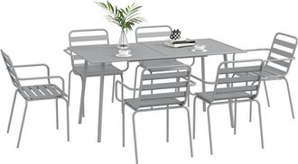 OUTSUNNY 7 tlg. Sitzgruppe, Gartenm&ouml;bel-Set mit 1 Esstisch, 6 Stapelst&uuml;hlen, Sitzgarnitur Gartengarnitur, f&uuml;r Balkon, Terrasse, Stahl, Hellgrau - Outsunny