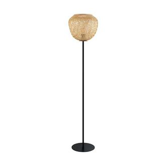 Eglo Stehlampe Dembleby, 1 flammige Stehleuchte Vintage, Boho, Standleuchte aus Stahl und Holz, Wohnzimmerlampe in Schwarz, Natur, Lampe mit Tritt-Schalter