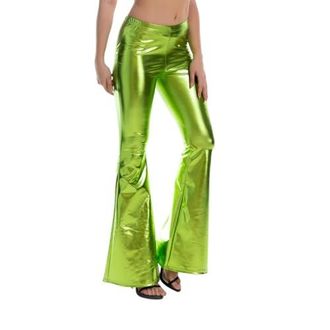 Generic Pantalon &eacute;vas&eacute; brillant en similicuir m&eacute;tallique pour femme avec bas cloche, pantalon &agrave; jambe large iris&eacute; pour festival, performance, f&ecirc;te, club, rave