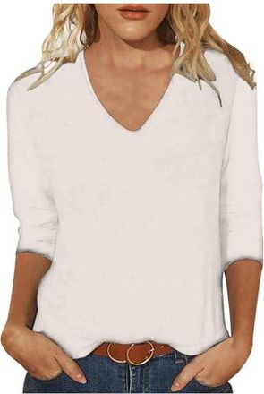 Generic HUIFUAO T-shirts pour femmes, col en V blanc, t-shirts à manches 3/4, t-shirts dété basiques de couleur unie, hauts élégants, t-shirts noirs pour femm