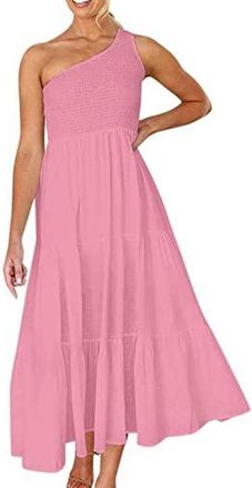 Generic Robe d&eacute;t&eacute; d&eacute;contract&eacute;e mi-longue sans manches style boh&egrave;me pour femme, robe trap&egrave;ze fluide, sans manches, pour la plage, rose, S