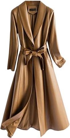 Generic Trench en similicuir pour femme - Longueur mi-longue - Manches longues - Bouton - Pour motard - Tendance - Avec ceinture, caf&eacute;, 4XL
